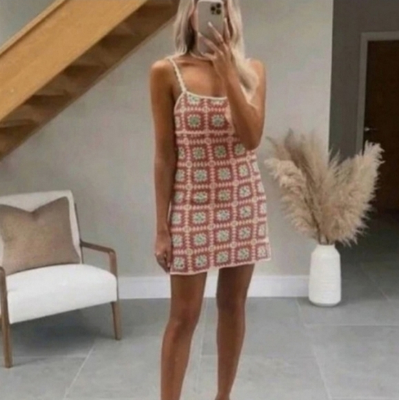 Zara | Dresses | Zara Multicolor Granny Square Crochet Mini Dress ...